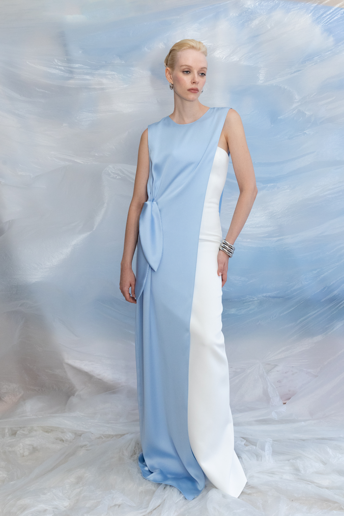 Crepe Two Layered Dress with Asymmetric Cut and Knot Detail from One S